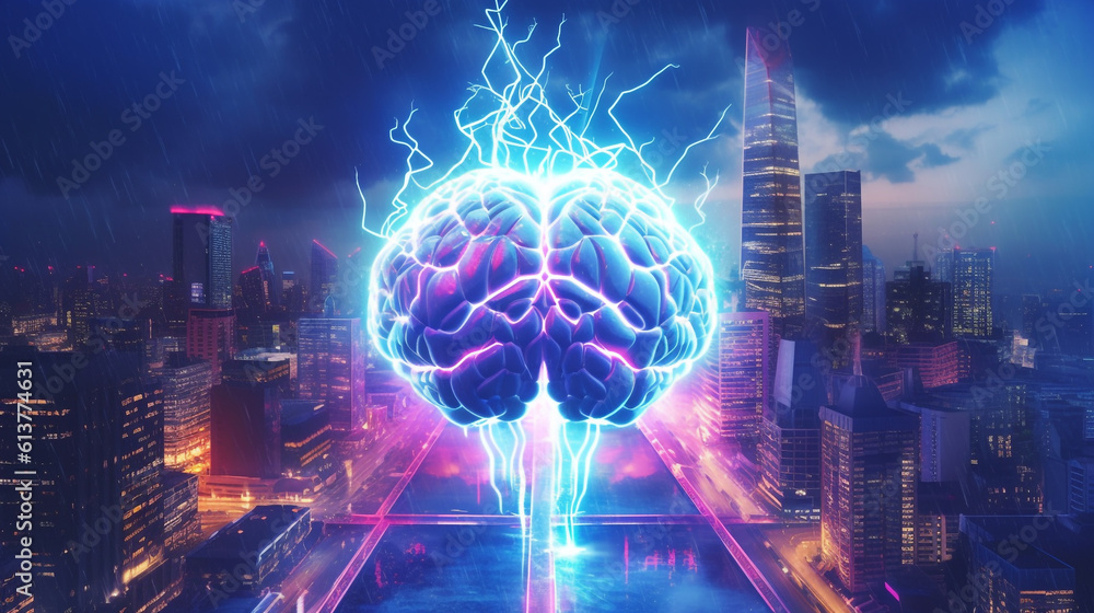 Cyber Human brain over futuristic city background with neon lights ...