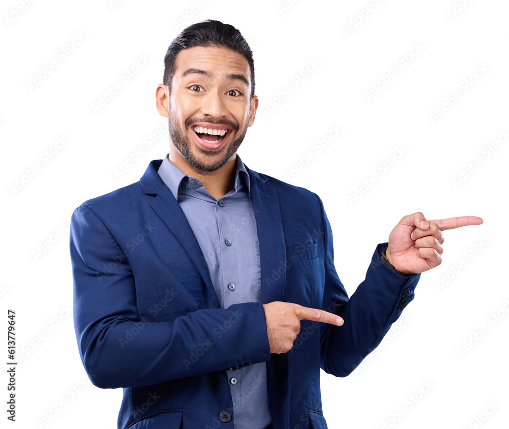 Portrait, excited man and pointing for business isolated on a ...