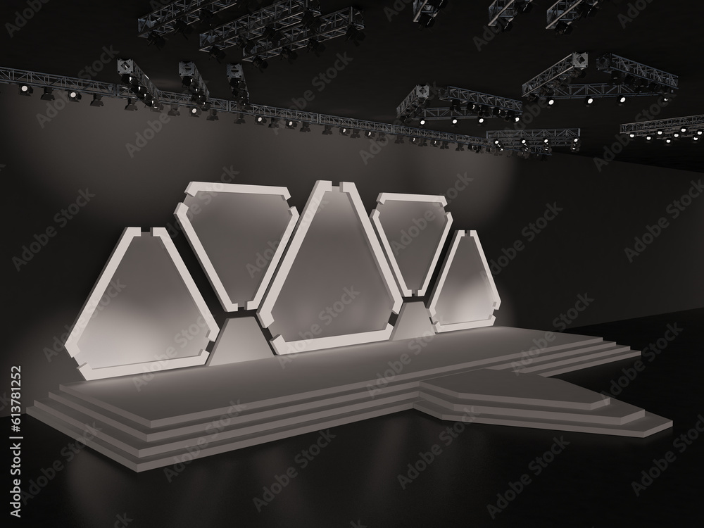 Event empty stage perspective view including stairs. with five pyramid ...
