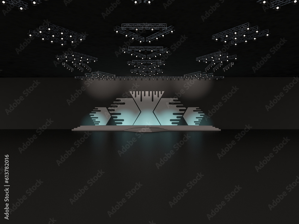 event stage with a custom four-hexagon backdrop design and centered ...