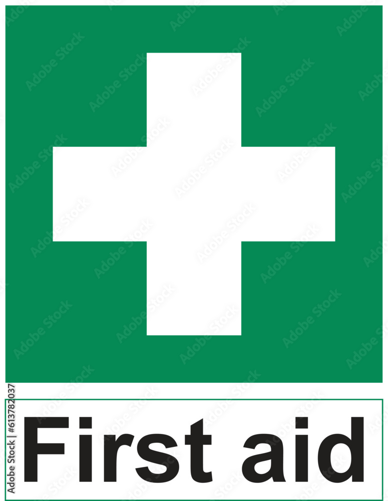 First aid sign, green square and white cross symbol with First aid text ...
