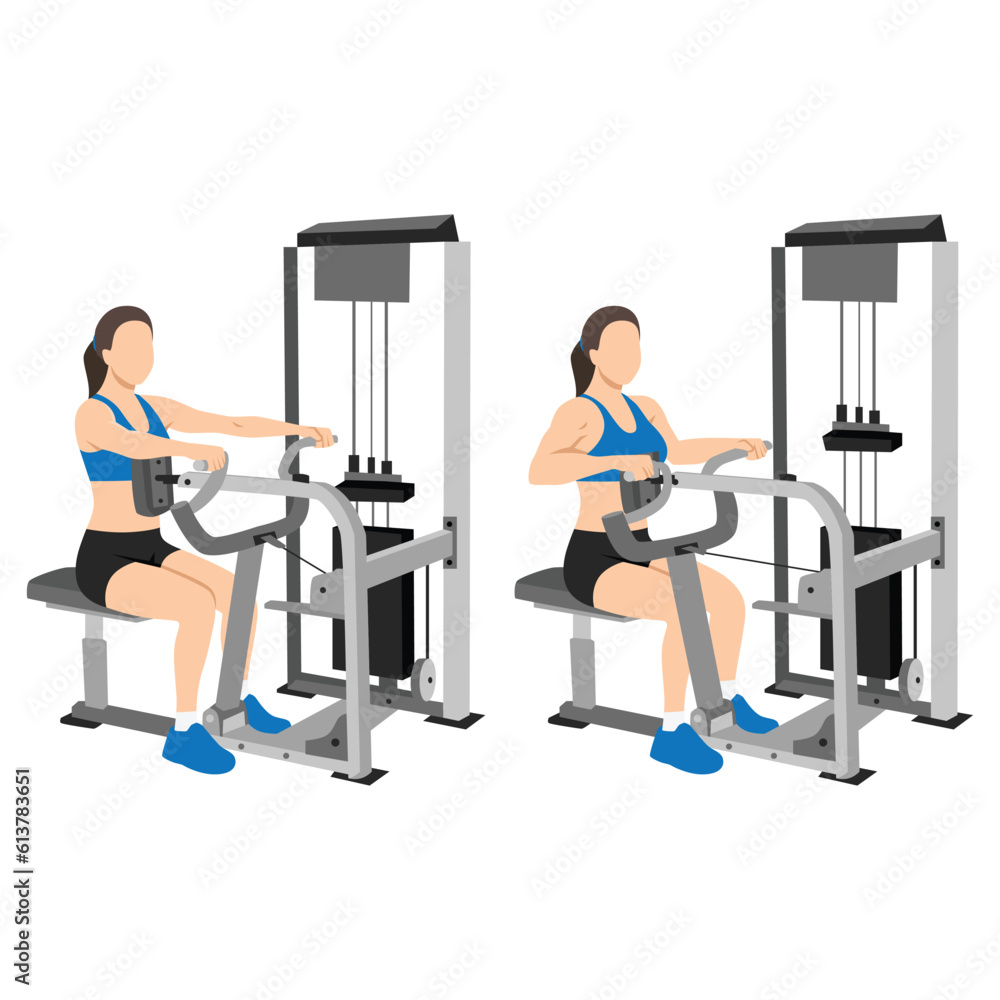 Woman doing seated back row machine exercise. Flat vector illustration ...