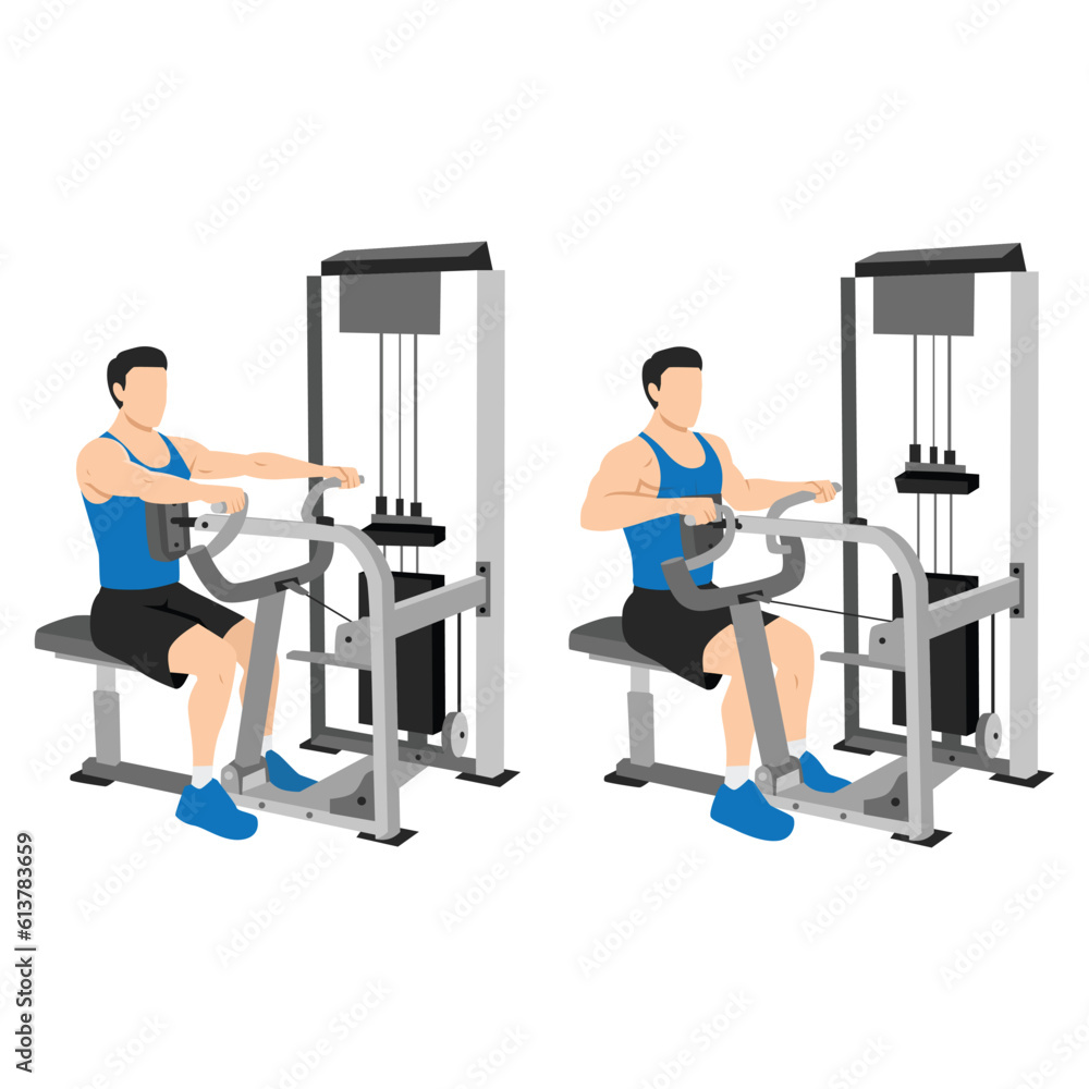 Man doing seated back row machine exercise. Flat vector illustration ...