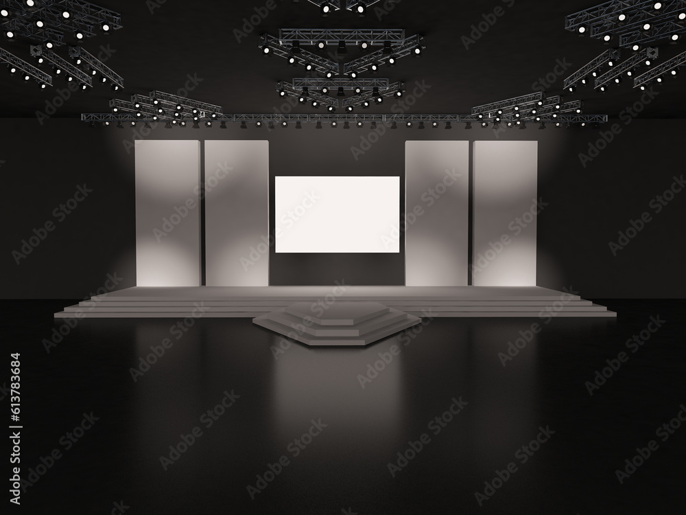 Event empty stage with stairs in front view, a rectangular led screen ...