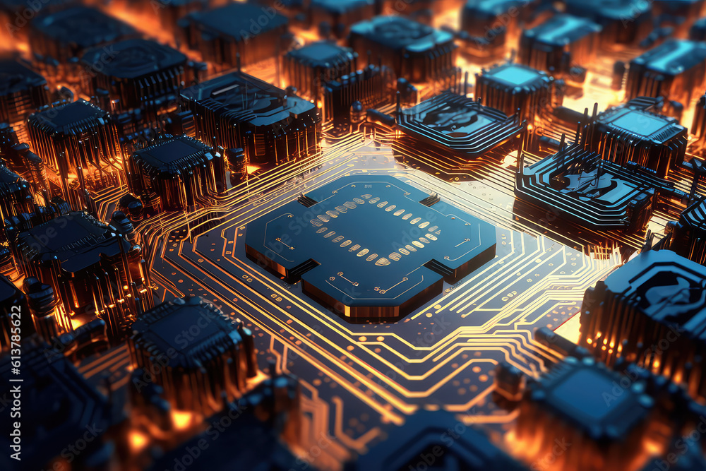 Electronic circuit chip neon board close up wallpaper. Gold black ...