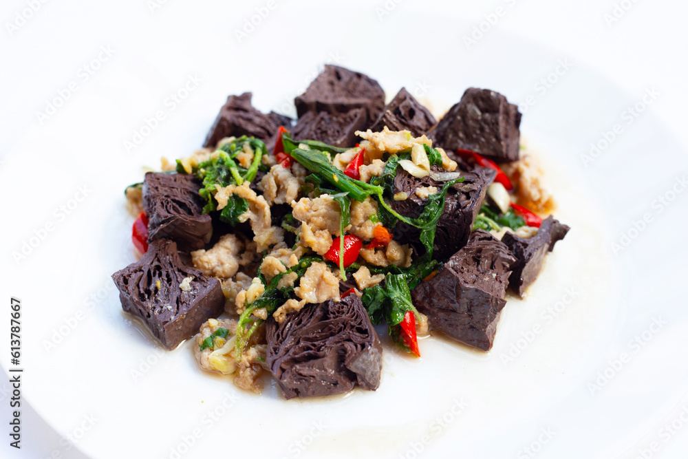 Stir-fried chicken blood cubes and minced pork with holy basil Stock ...