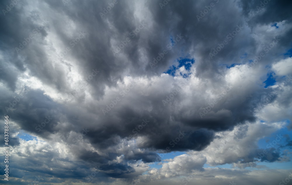 storm sky, dark dramatic clouds during thunderstorm, rain and wind ...