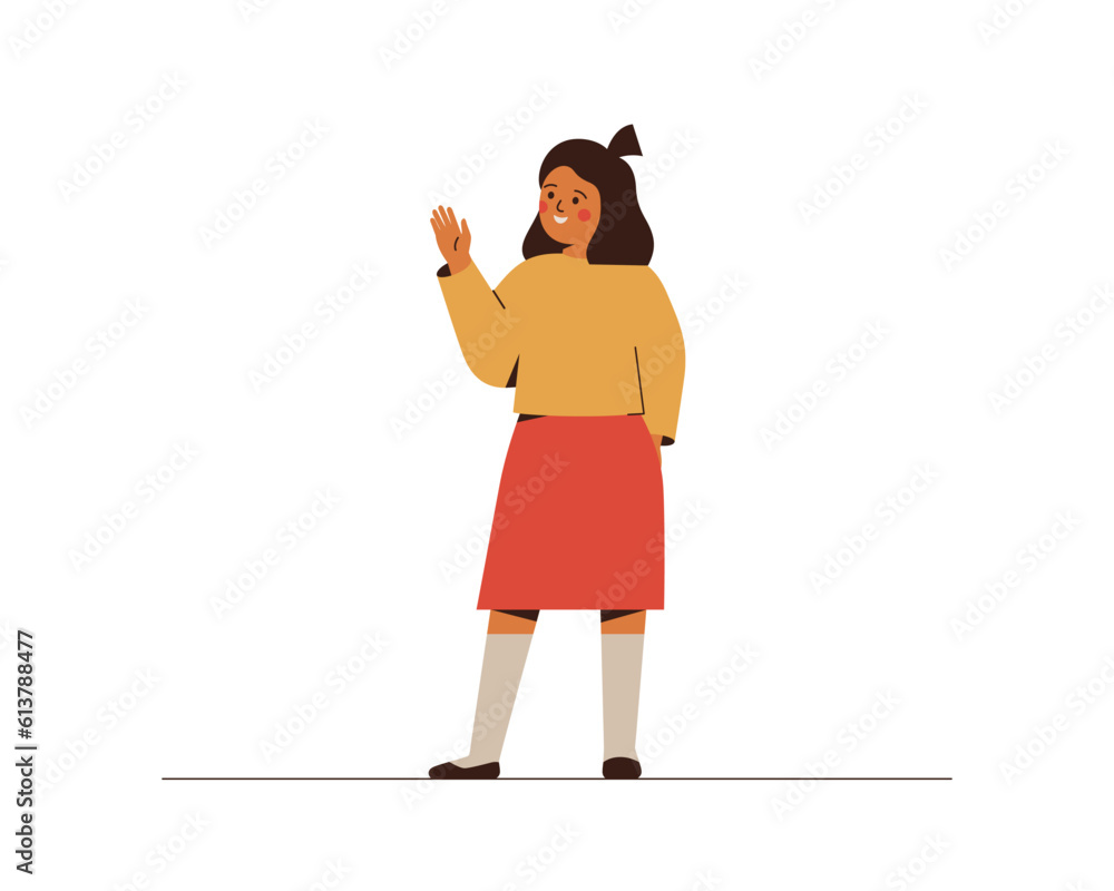 Happy girl waving hand by welcome gesture. Teenager says hello with ...
