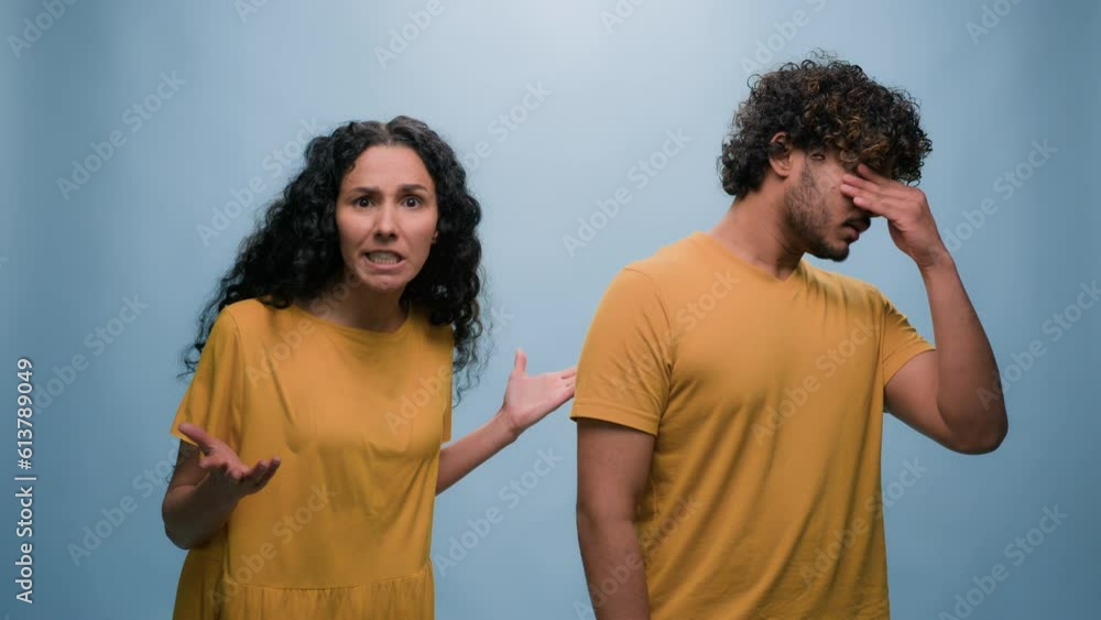 Multiracial couple diverse friends Indian man Hispanic woman quarrel ...