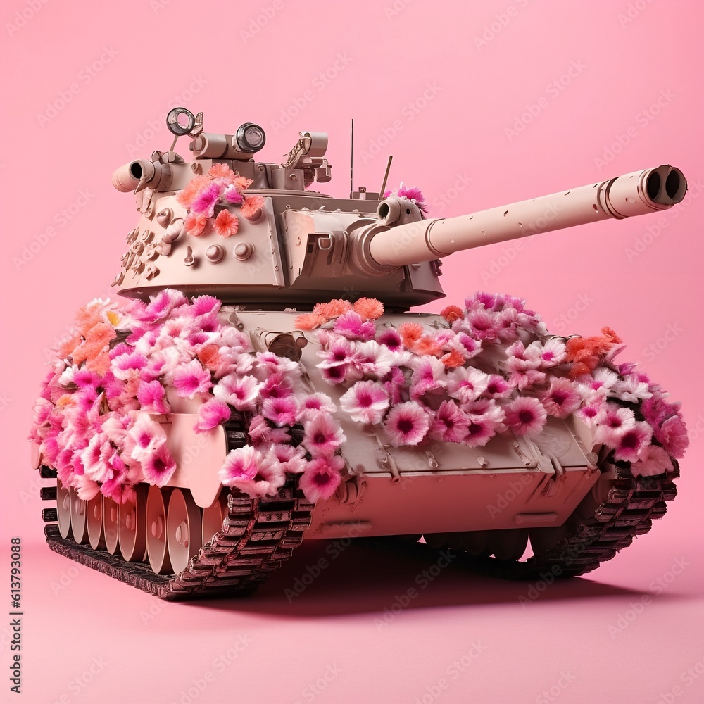 pink battle tank a tank on a pink background with flowers coming out of ...