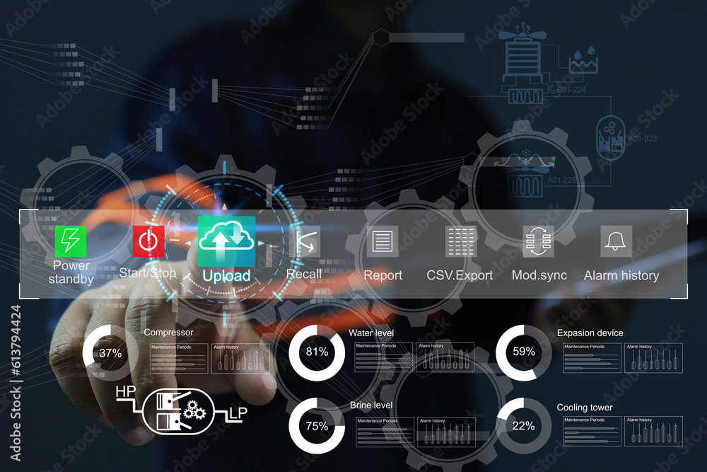 Engineer uploading cooling system operation data to cloud computing ... Engineer uploading cooling system operation data to cloud computing ...