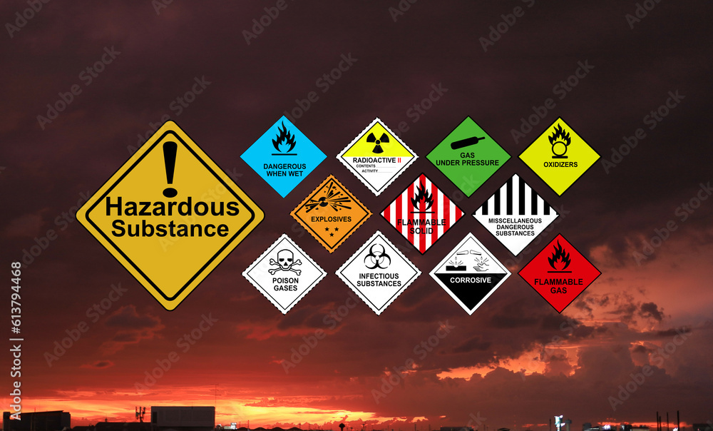 Hazardous Substance or dangerous Warning Sign and red sky background ...