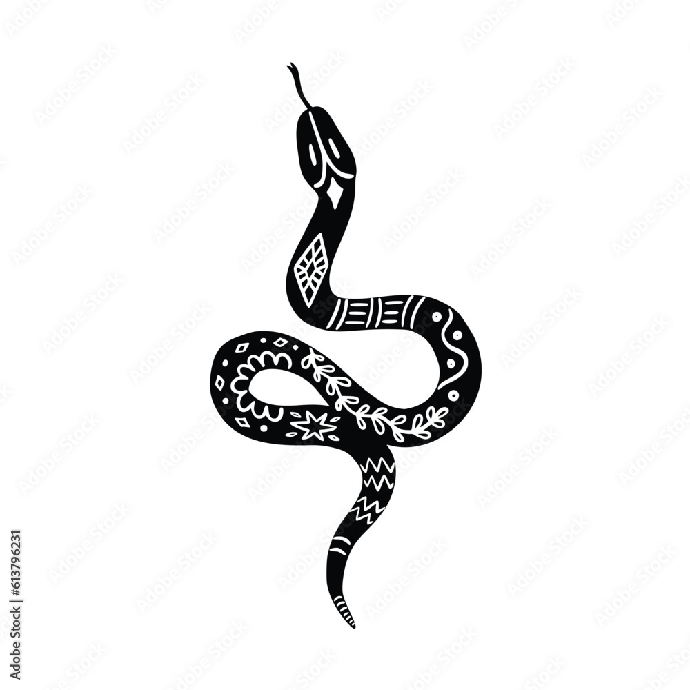Vecteur Stock Celestial Snake Linocut Vector Icon. Mystic Floral Snake ...