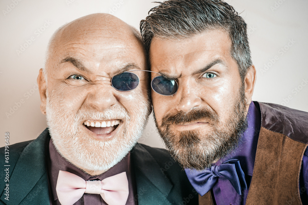 Fummy male couple. Men joking. Comic and humor sense. Men with beard ...