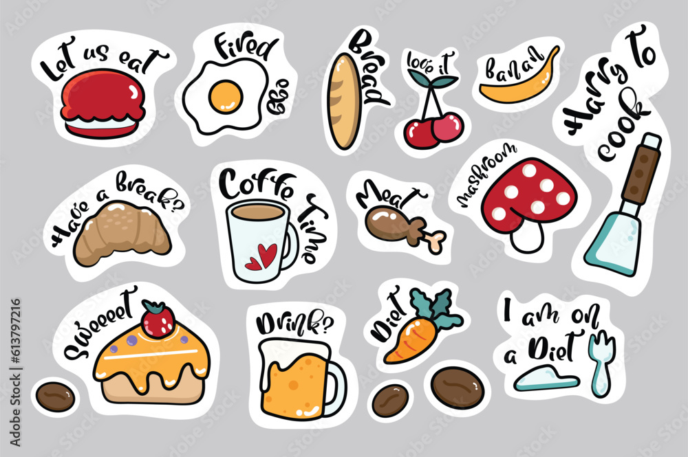 This illustration features a set of flat, cartoon-style food stickers ...