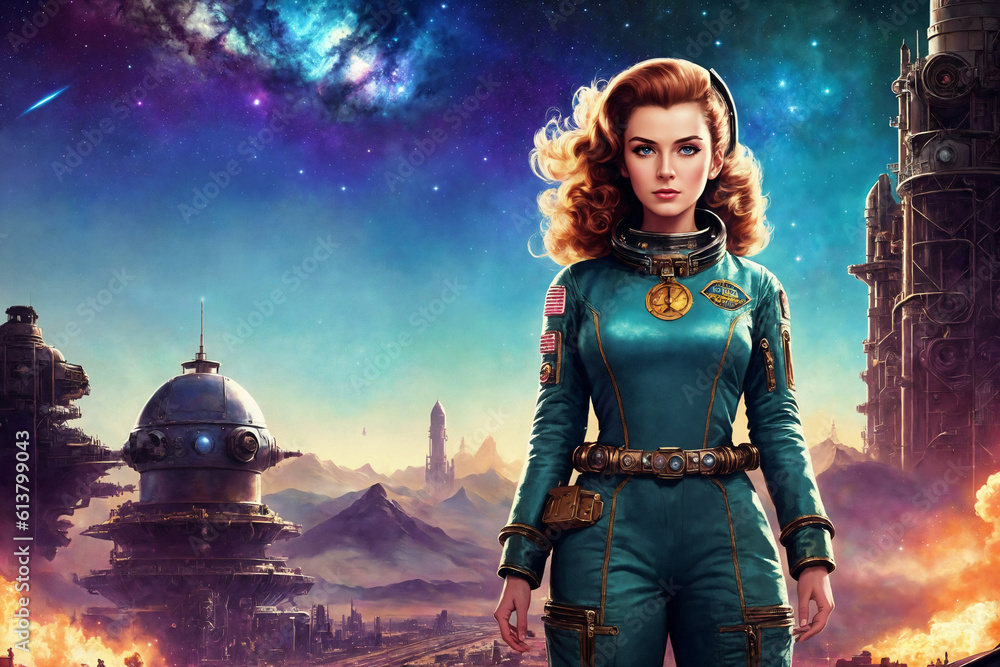 Portrait of a beautiful woman as an astronaut, space theme in the retro ...
