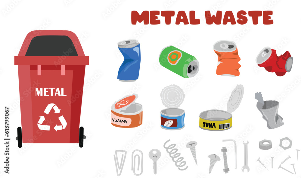 Metal waste vector set. Recycled garbage vector set. tin, can. Nail ...