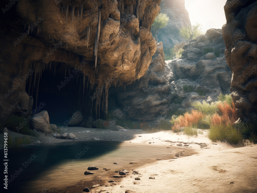 A haunting desert terrain with a desiccated riverbed and sparse ...