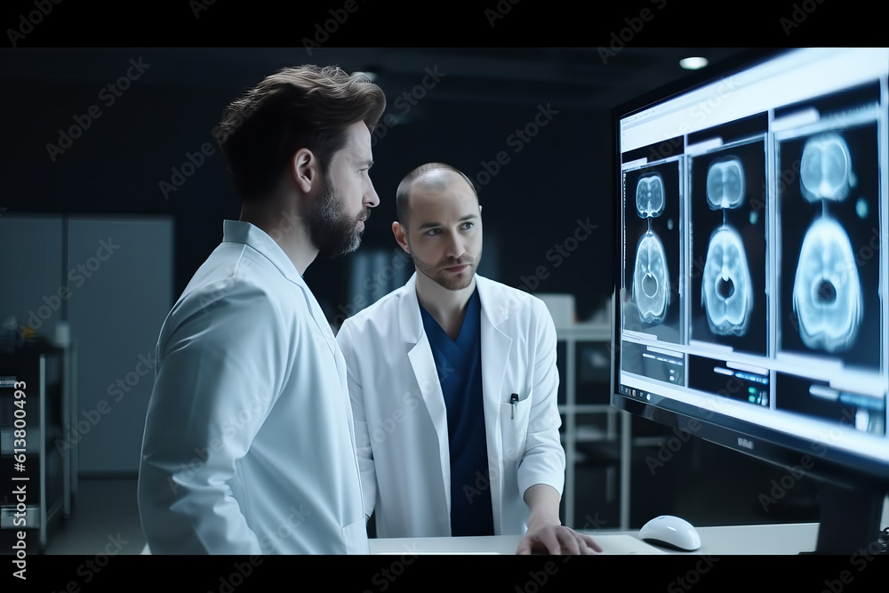 Two male doctors look at the brain on a monitor. Medical innovation ...