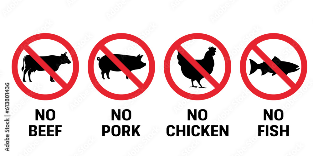 No pork, chicken, fish, and beef meat signs. No animal sign symbol icon ...