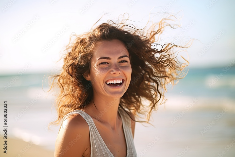 A Happy Woman On A Beach Vacation Smiling Broadly With Joy And 9497