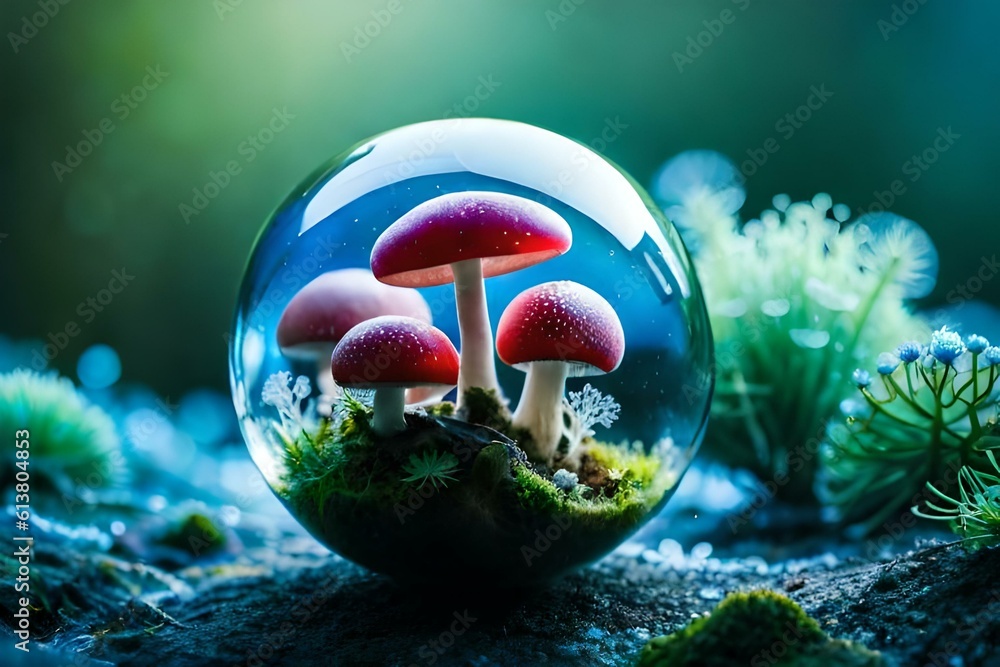 Epic Photo of an alien in glass sphere , blue mushroom with cilia AI ...