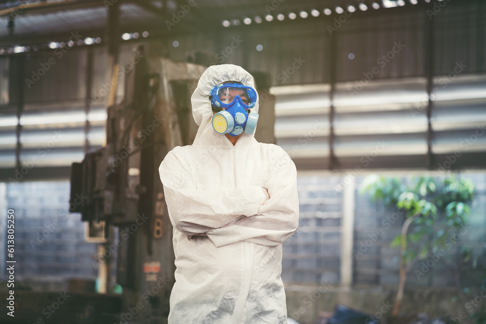 Chemical leak and safety first concept. Chemical specialist wear safety ...