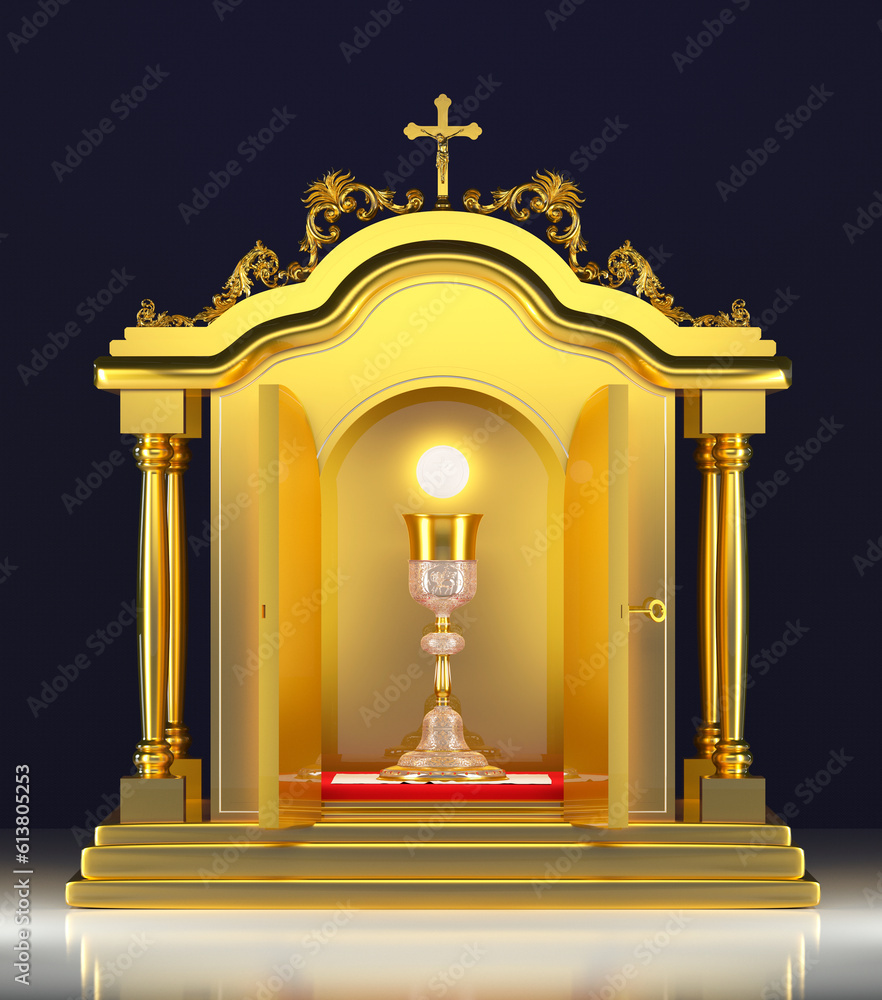A tabernacle containing the consecrated host and the chalice with the ...