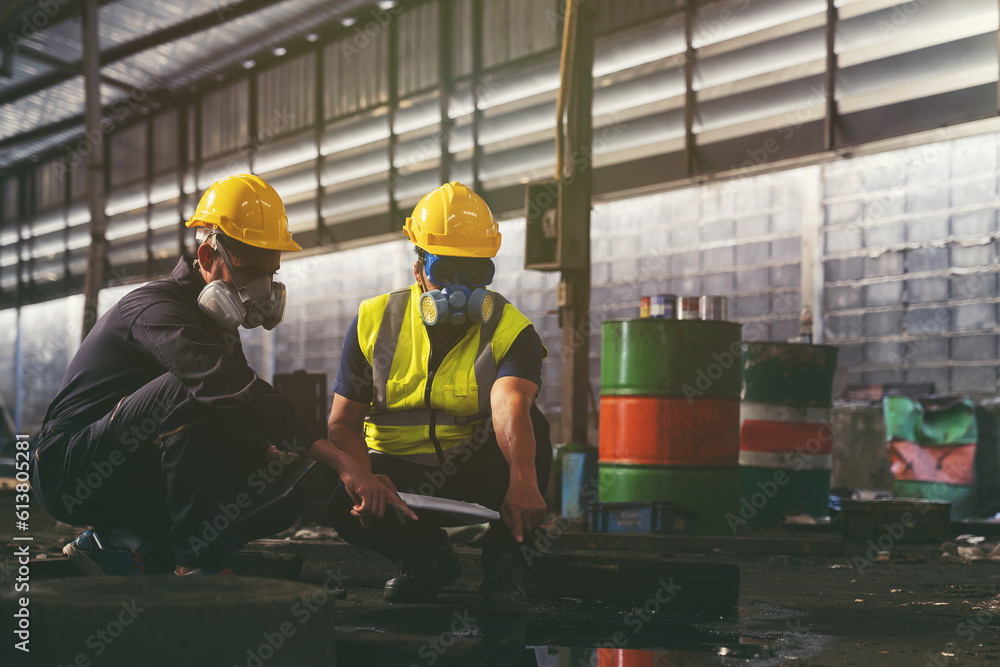 Chemical leak and safety first concept. Group of chemical specialist ...