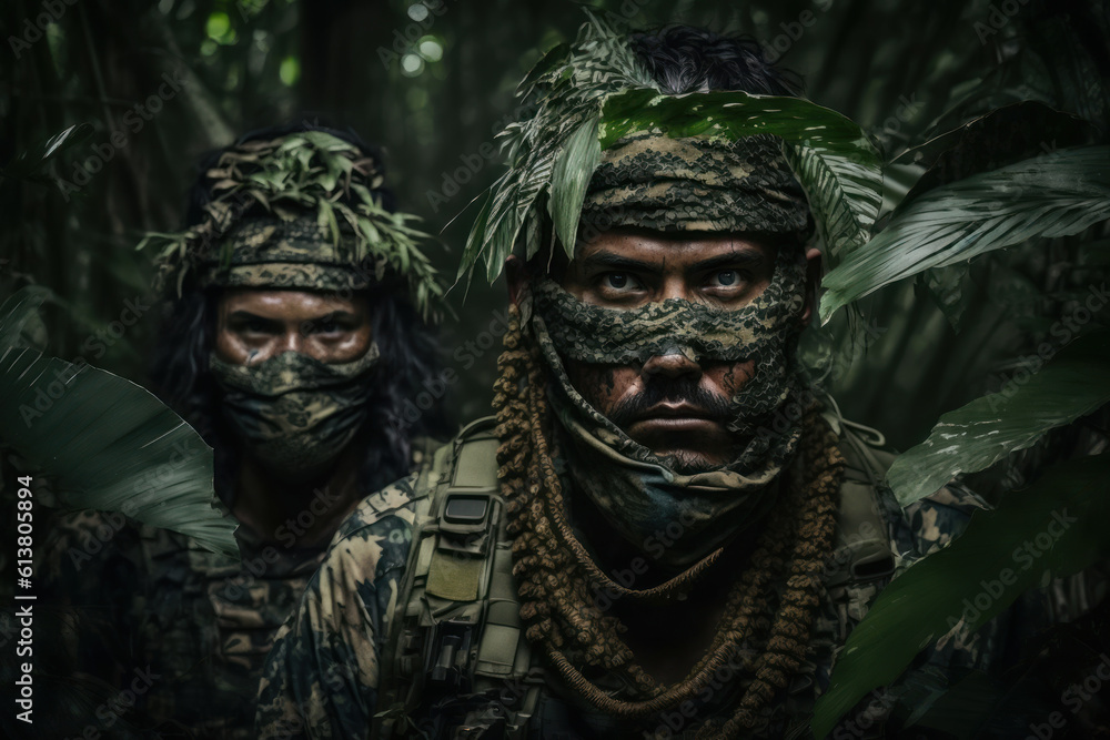 Male guerrillas hiding in the rainforest. Generative illustration of ...