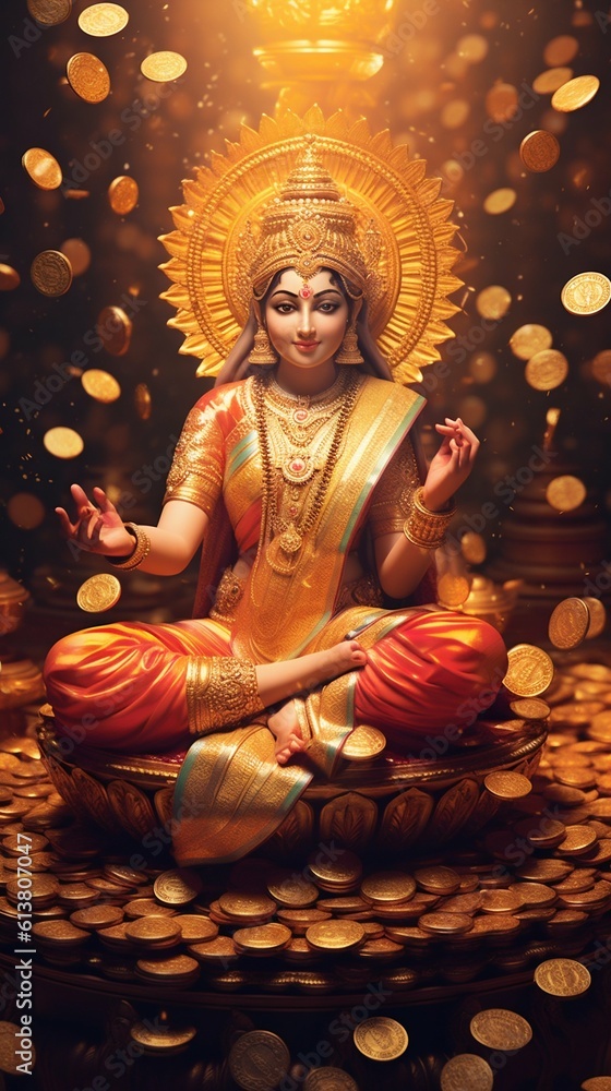 Tranquil Portrayal of Lakshmi, Hindu Goddess of Wealth, Seated on Lotus ...