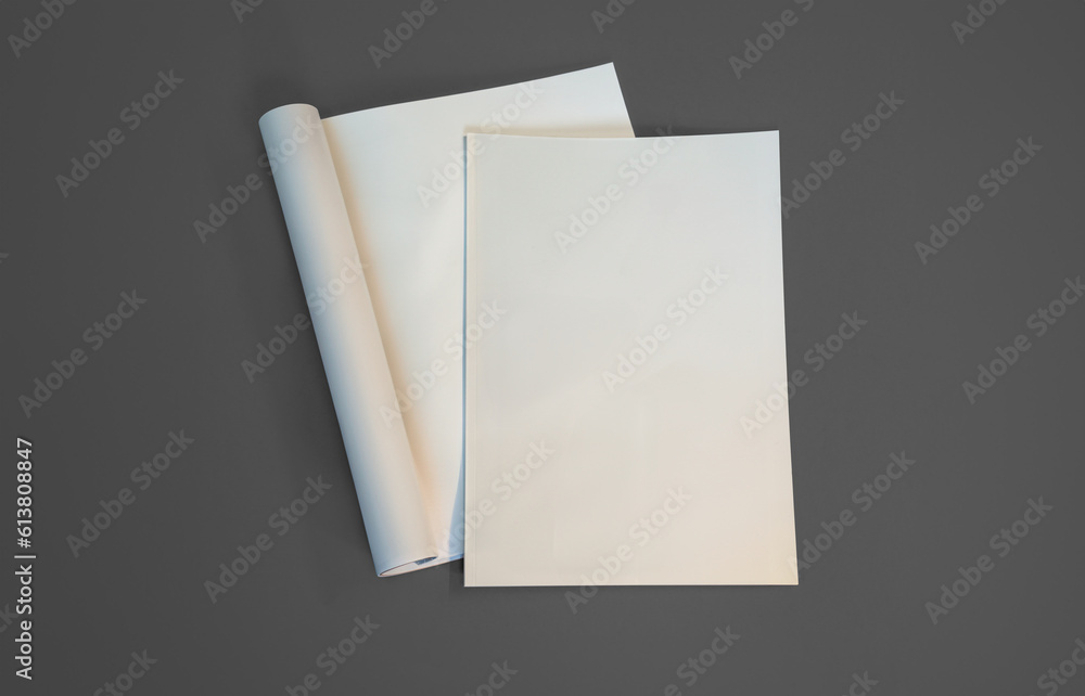 Magazine, open and curled page. Cover page in front. Magazine mockup ...