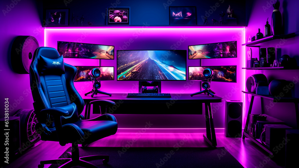 Professional gaming room with computer, gamer chair and neon lights ...
