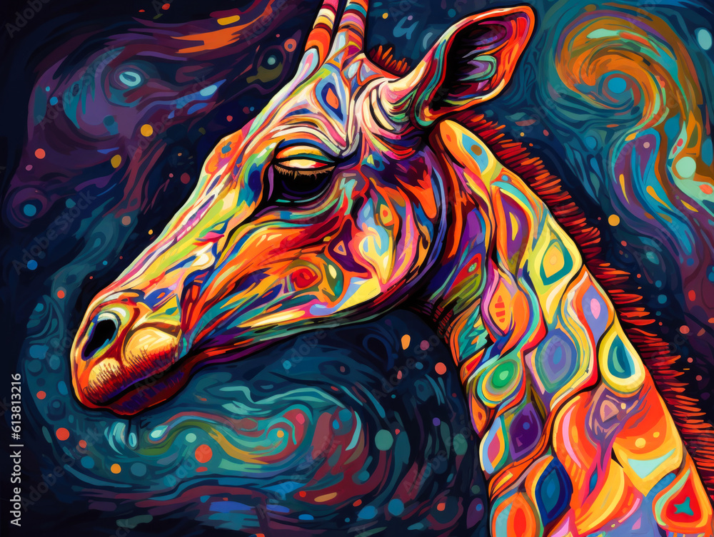 Vivid and imaginative fine art painting featuring a psychedelic giraffe ...