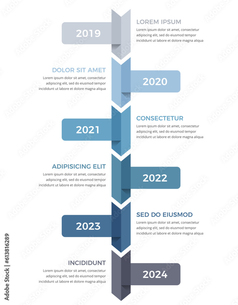 Vertical timeline infographics template with six arrows with place ...