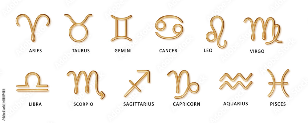 Zodiac gold signs with latin names vector illustrations set. Realistic ...