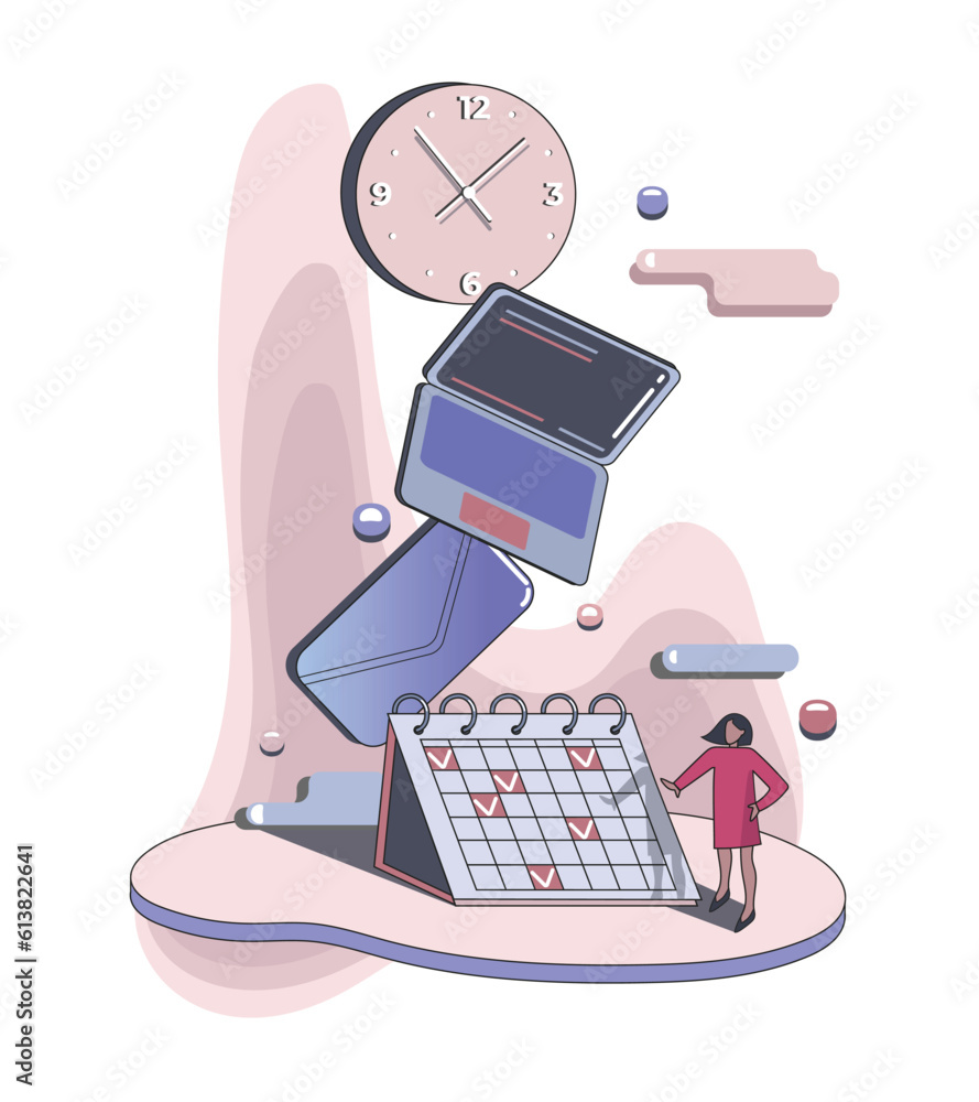 Cartoon girl standing in background of work tasks and laptop that falls ...