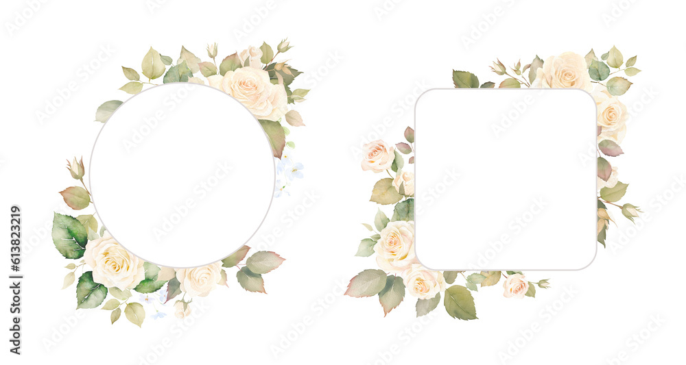 Watercolor floral illustration bouquet, borders and frames. Neutral ...