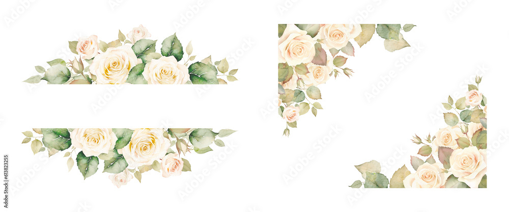 Watercolor floral illustration bouquet, borders and frames. Neutral ...