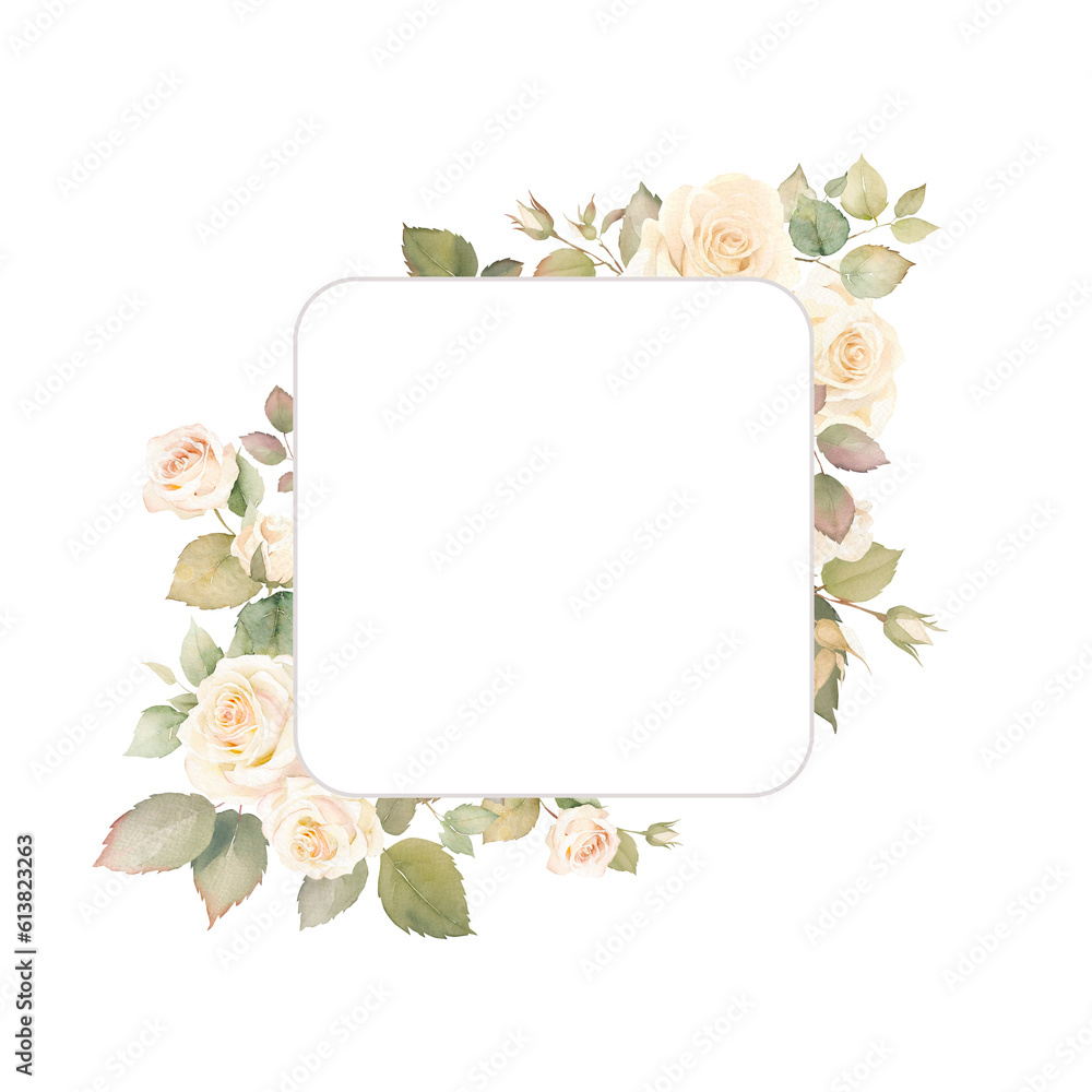 Watercolor floral illustration bouquet, borders and frames. Neutral ...