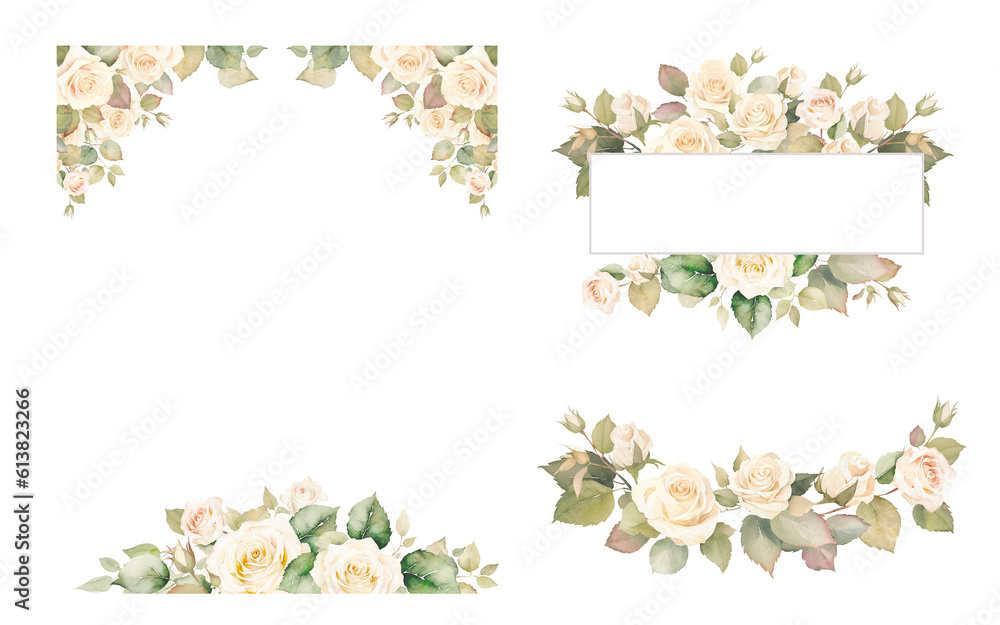 Watercolor floral illustration bouquet, borders and frames. Neutral ...