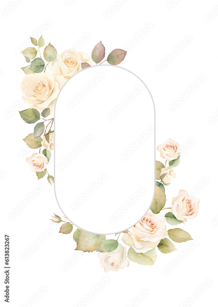 Watercolor floral illustration bouquet, borders and frames. Neutral ...
