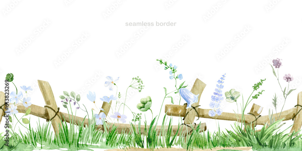 ภาพประกอบสต็อก Wildflower border, watercolor illustration. seamless ...