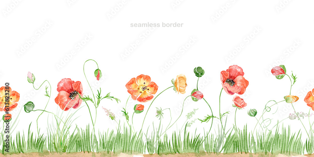 Wildflower border, watercolor illustration. seamless border with ...