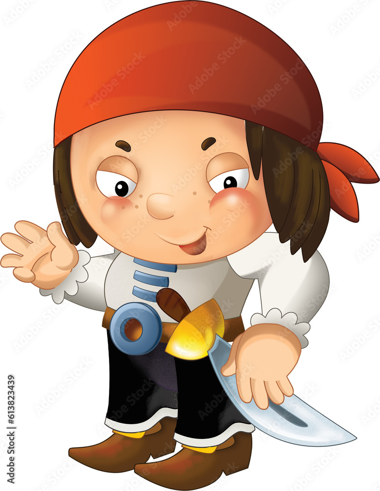 cartoon scene with pirate man fighting and old style cannon on whtie ...