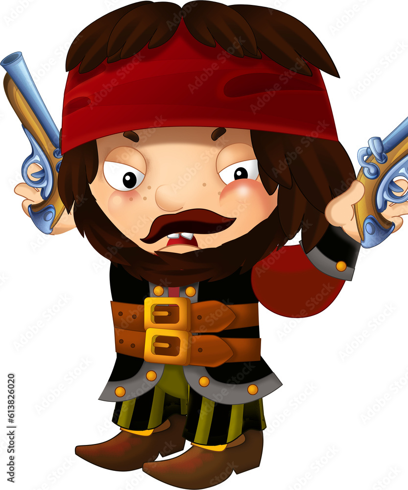 cartoon scene with pirate man fighting and old style cannon on whtie ...