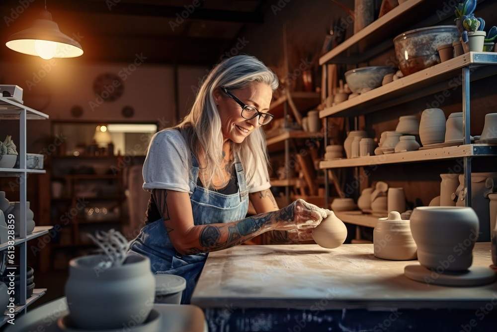 Passionate female pottery artist creating elegant ceramics in a modern ...