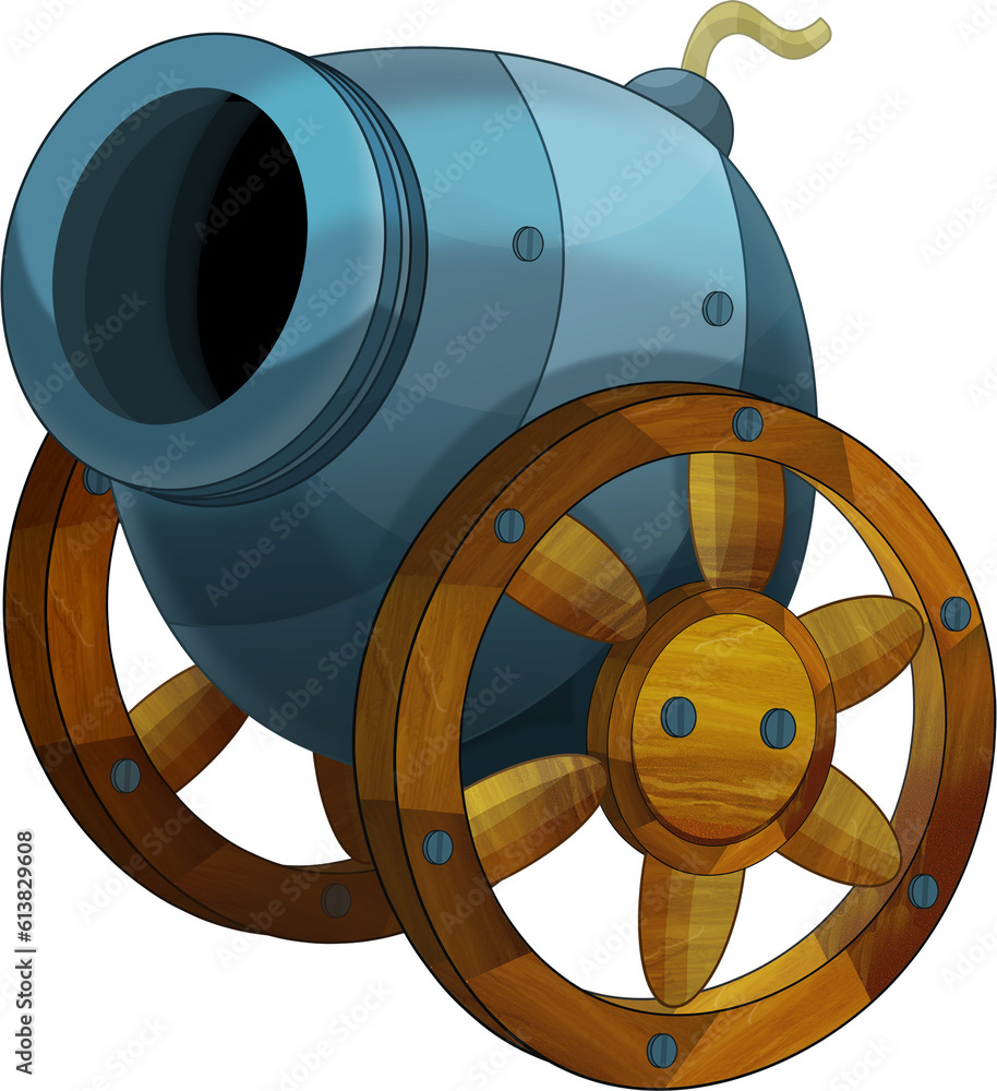 cartoon scene with pirate man fighting and old style cannon on whtie ...