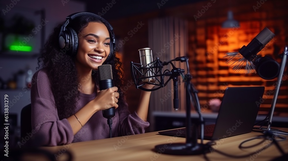 A realistic photography with female content creator using microphone ...