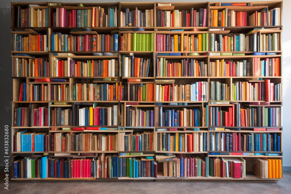 Bookshelf with many books in a public and modern library. Generative AI ...